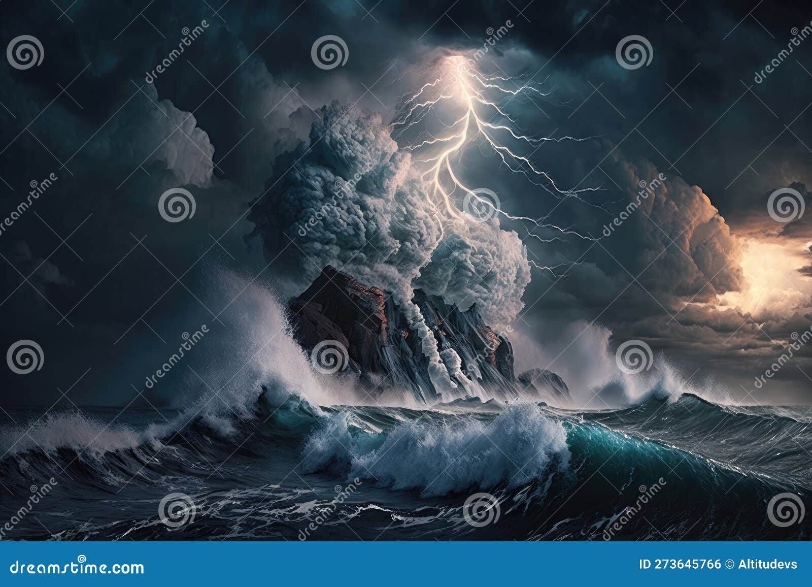 Massive Storm Brewing in the Ocean, with Towering Waves and Lightning Stock Illustration ...