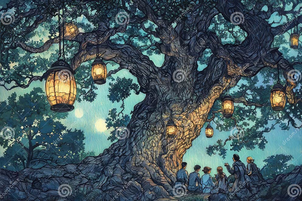 A Massive Tree with a Sprawling Canopy Adorned with Numerous Lanterns ...