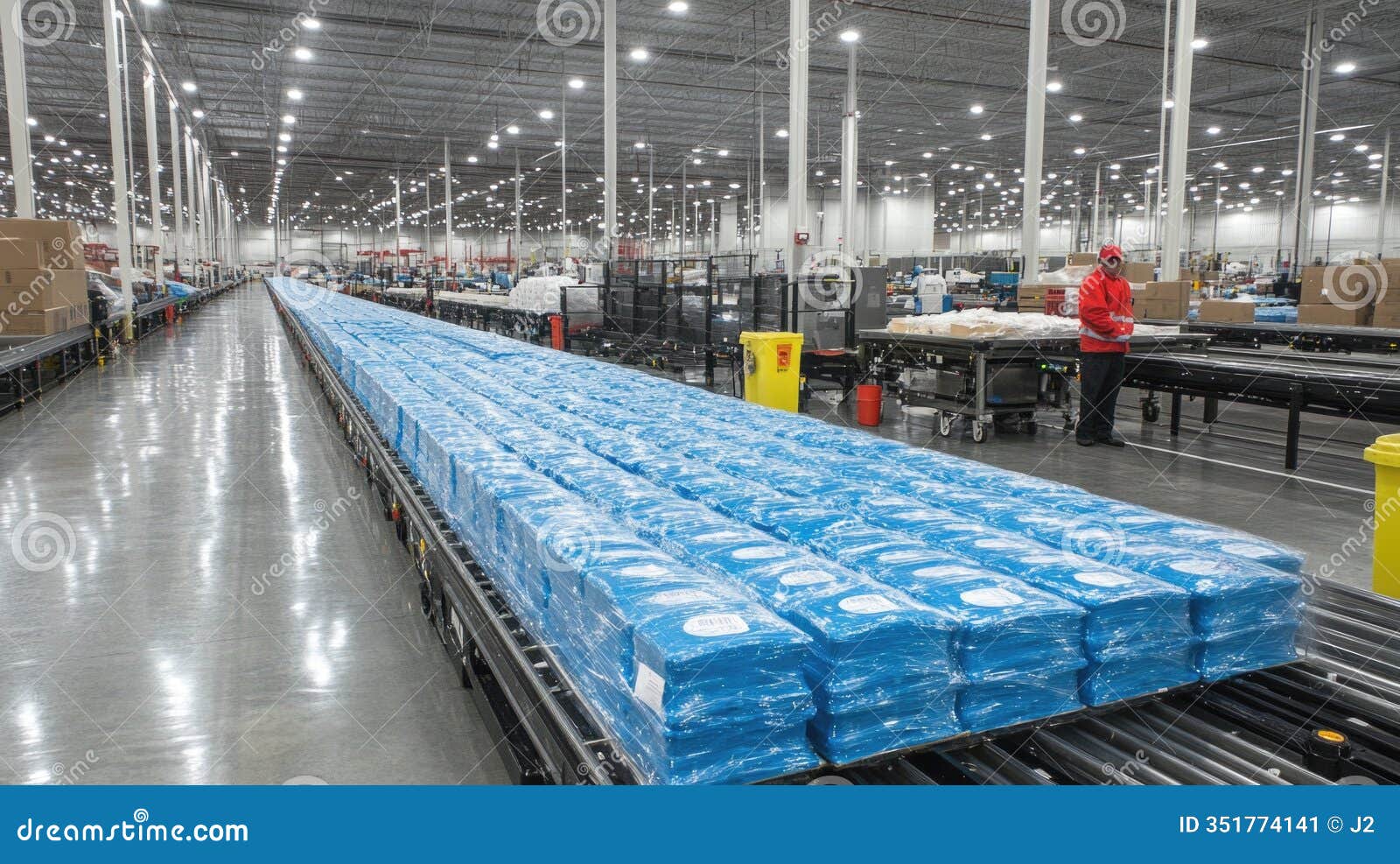 Massive Warehouse with Conveyor Belt and Worker in Red Uniform Stock ...