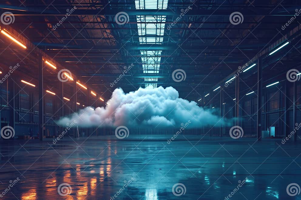 A Massive Warehouse Filled with Billowing Smoke, Creating a Hazy ...