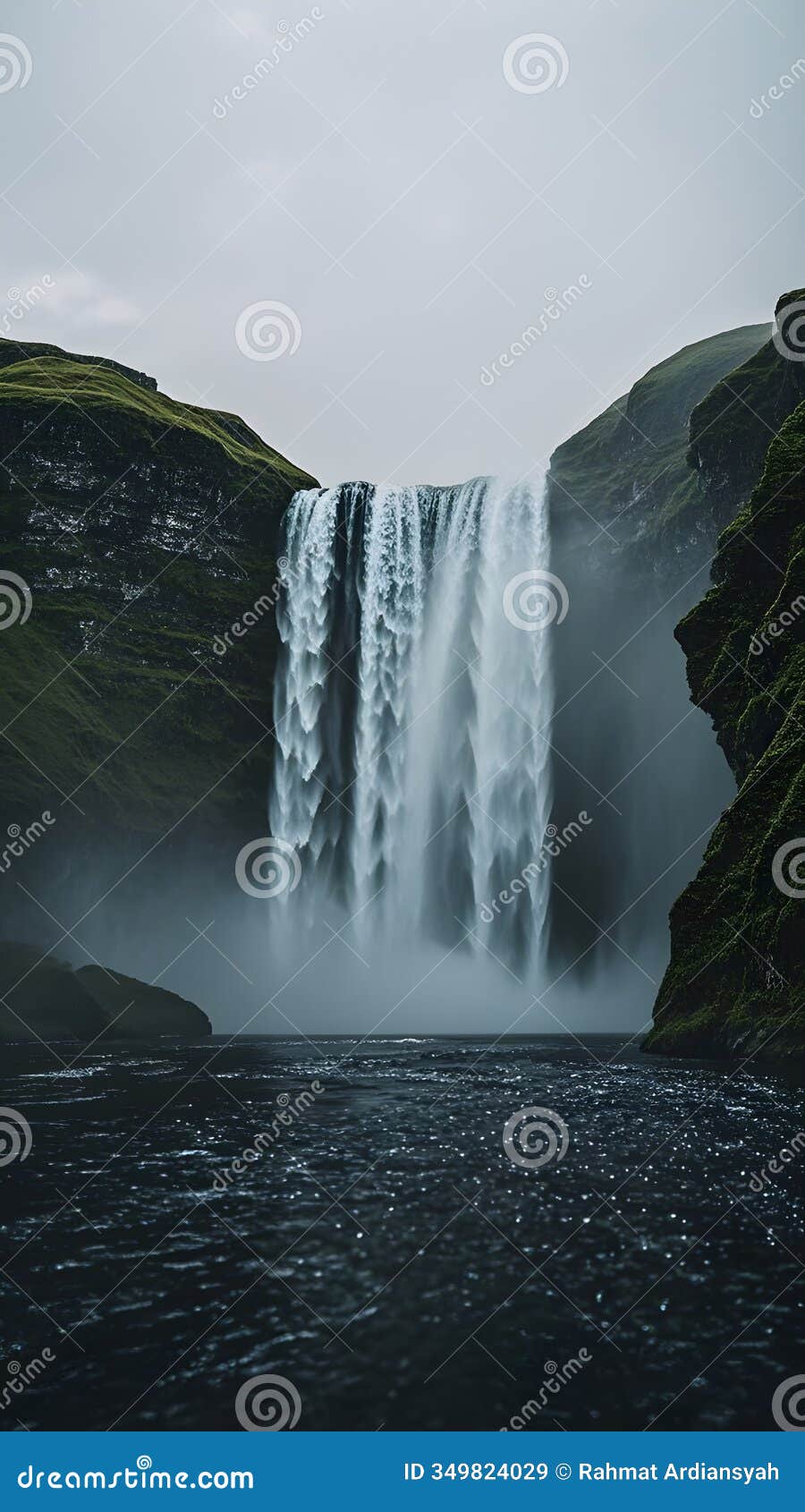 A Massive Waterfall Cascades Powerfully Down Rocky Cliffs Royalty-Free ...