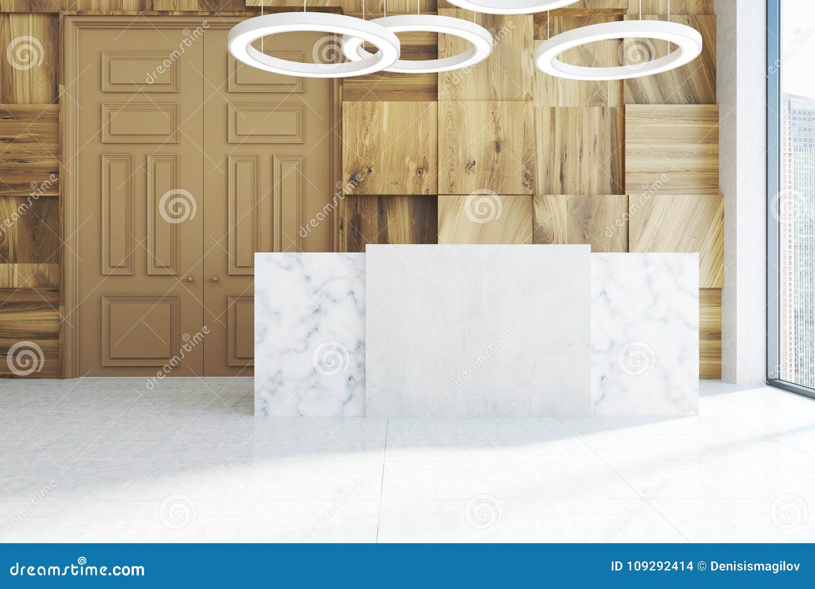 White Reception in a Wooden Office Stock Photo - Image of center ...