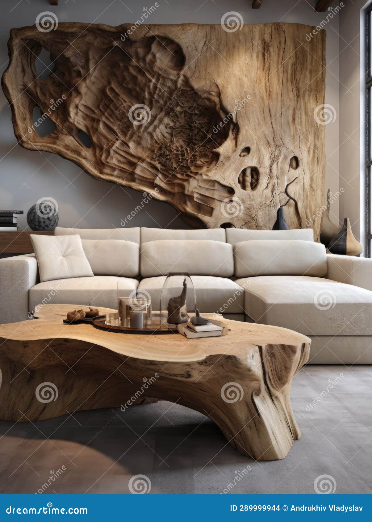 Massive Wood Root Panel in Room with Beige Corner Sofa and Tree Stump ...