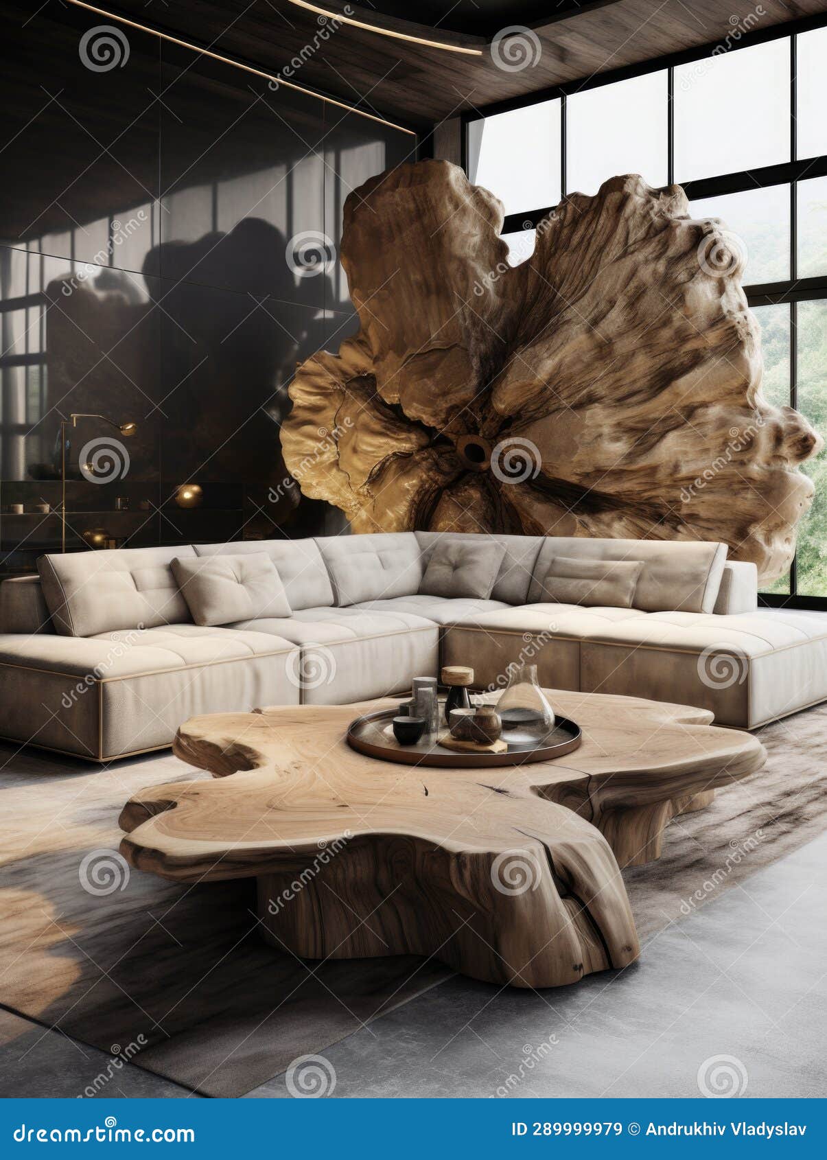 Massive Wood Root Panel in Room with Beige Corner Sofa and Tree Stump ...