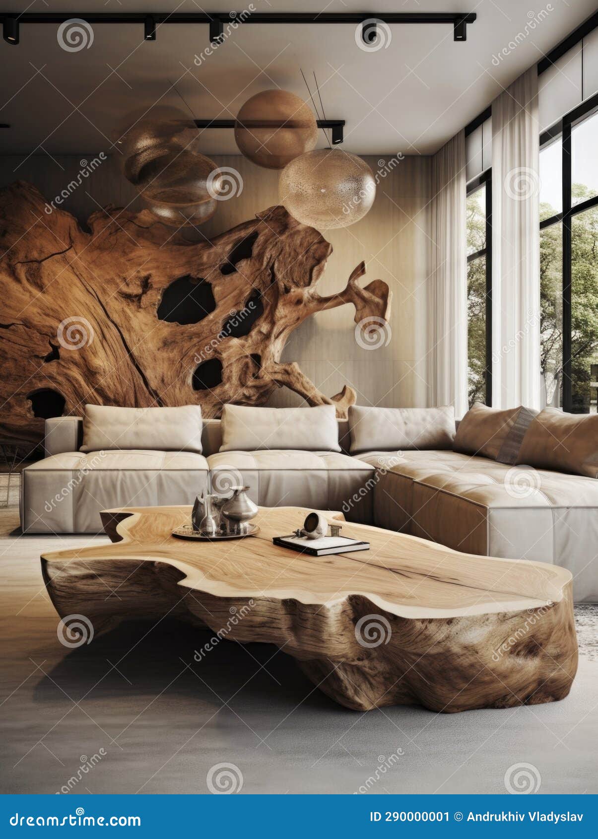 Massive Wood Root Panel in Room with Beige Corner Sofa and Tree Stump ...