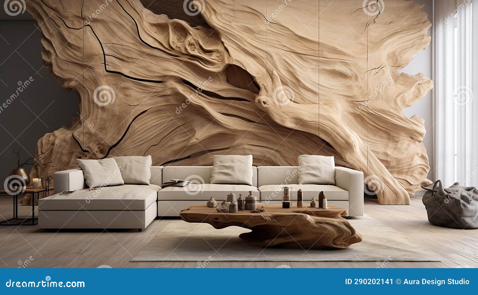 Massive Wood Root Panel in Room with Beige Corner Sofa Unique Design ...