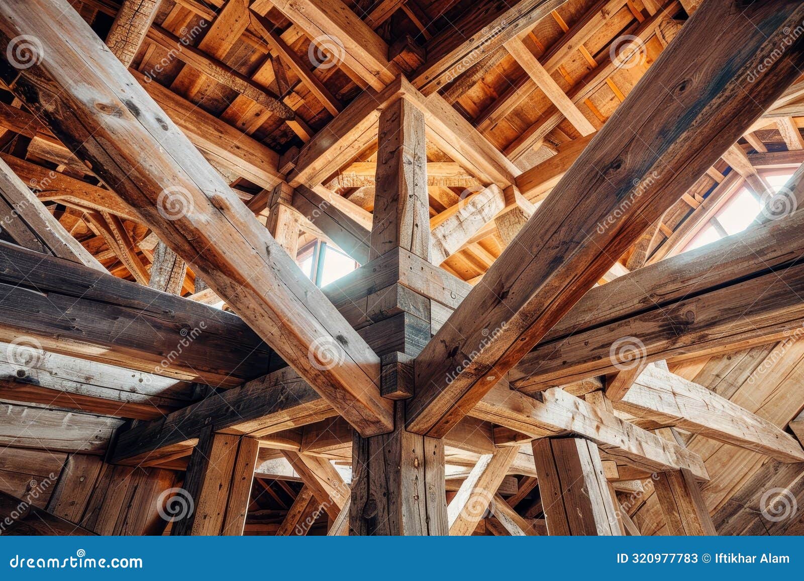 Massive Wooden Beams Tower Overhead in the Interior of a Building ...