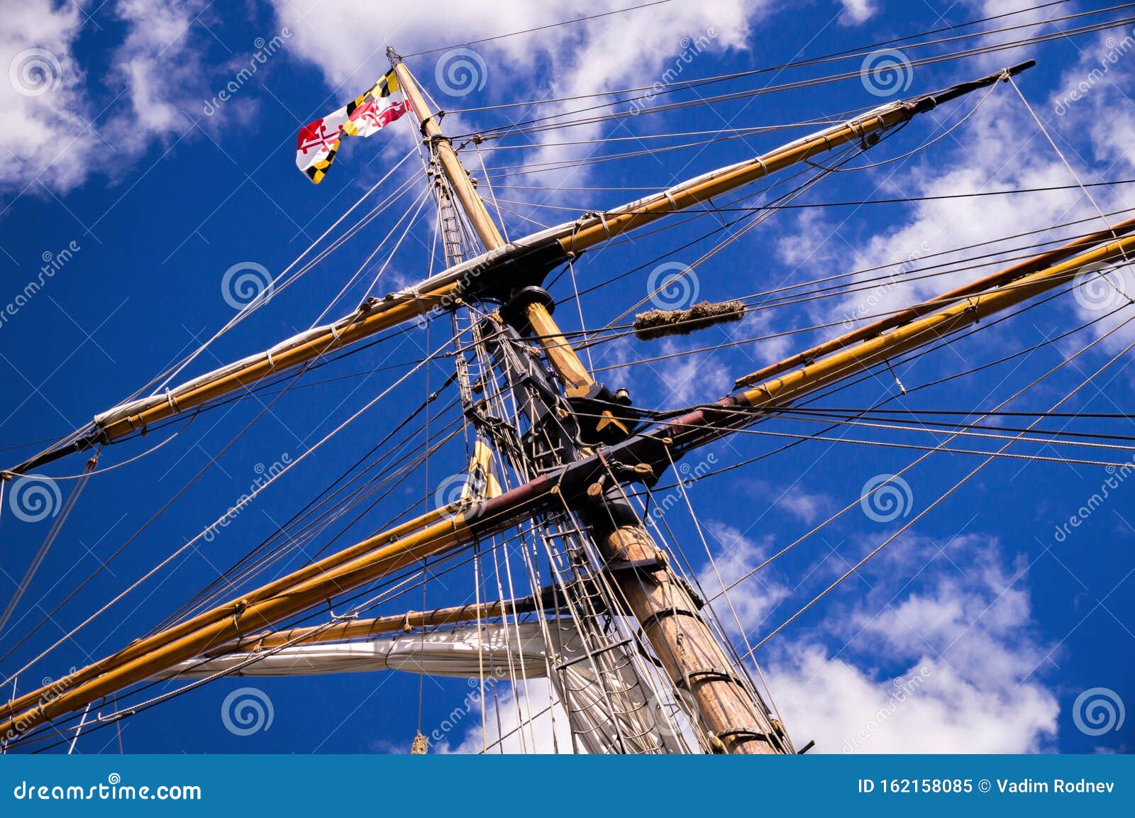 Mast, Rigging and Flags of a Classic Sailing Ship. Stock Image - Image ...