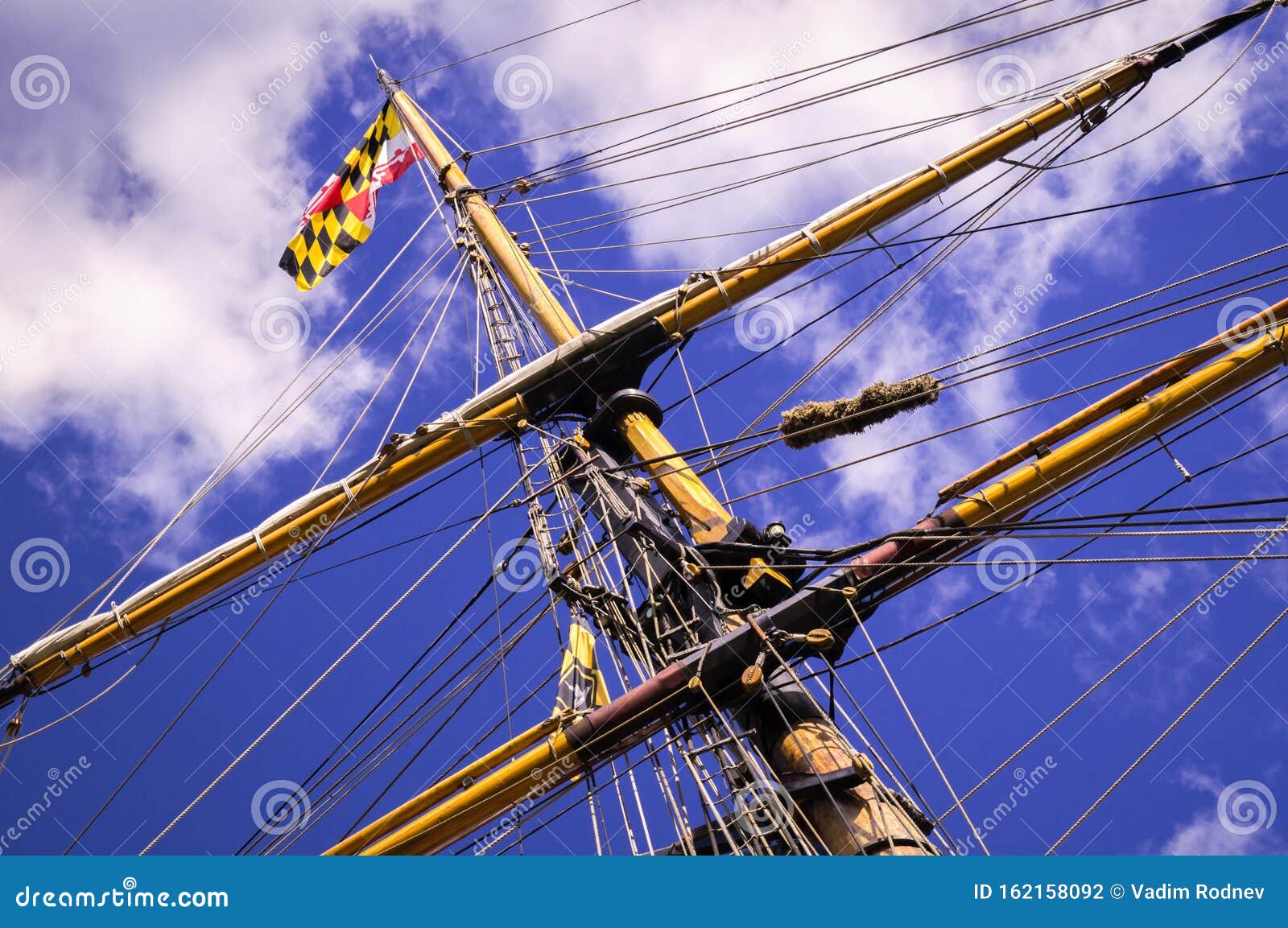 Mast, Rigging and Flags of a Classic Sailing Ship. Stock Photo - Image ...