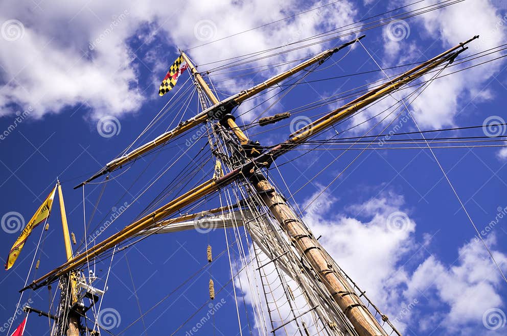 Mast, Rigging and Flags of a Classic Sailing Ship. Stock Photo - Image ...