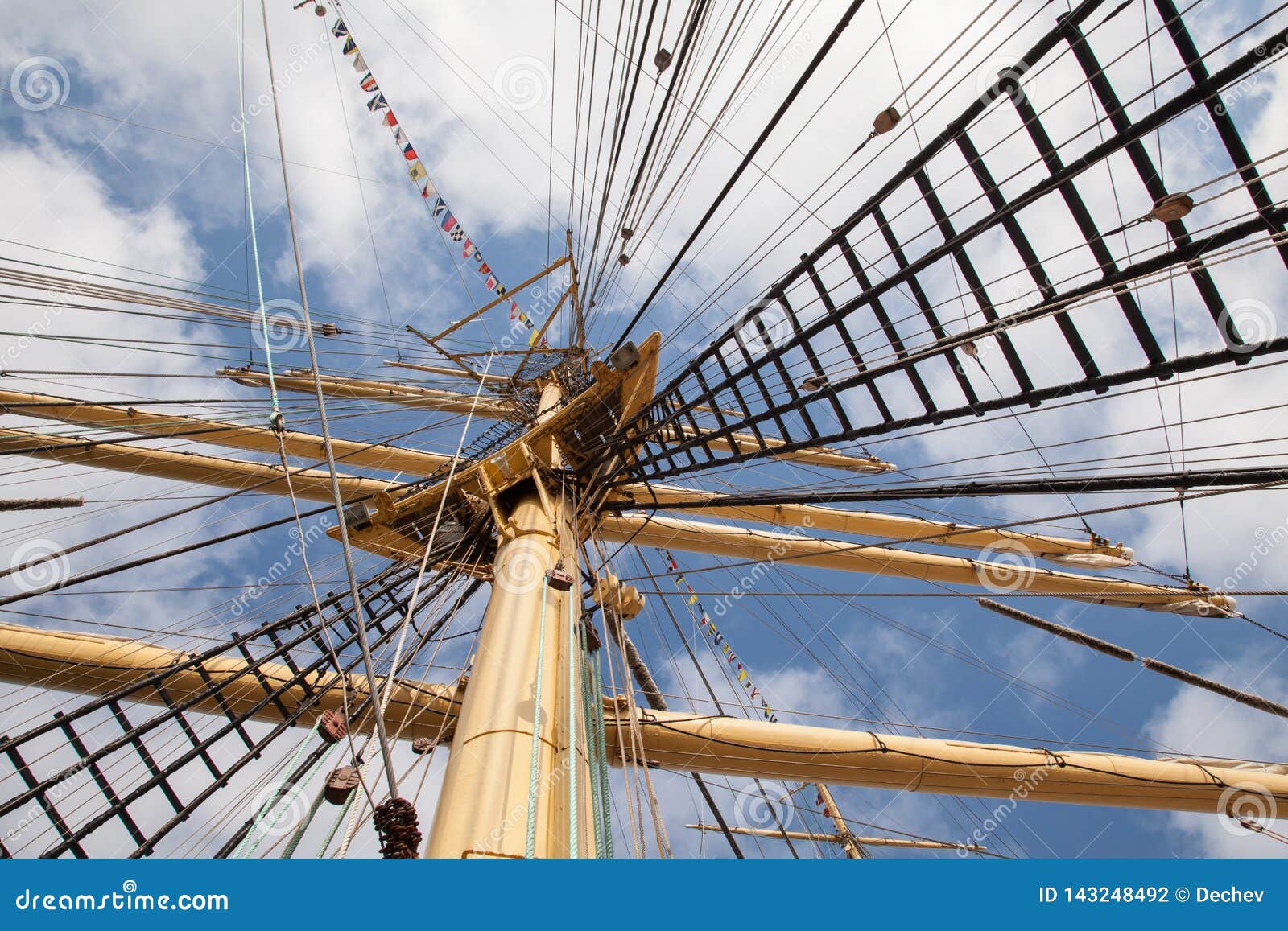 Mast and Ropes of an Ancient Sailing Ship. Bottom View Stock Photo ...