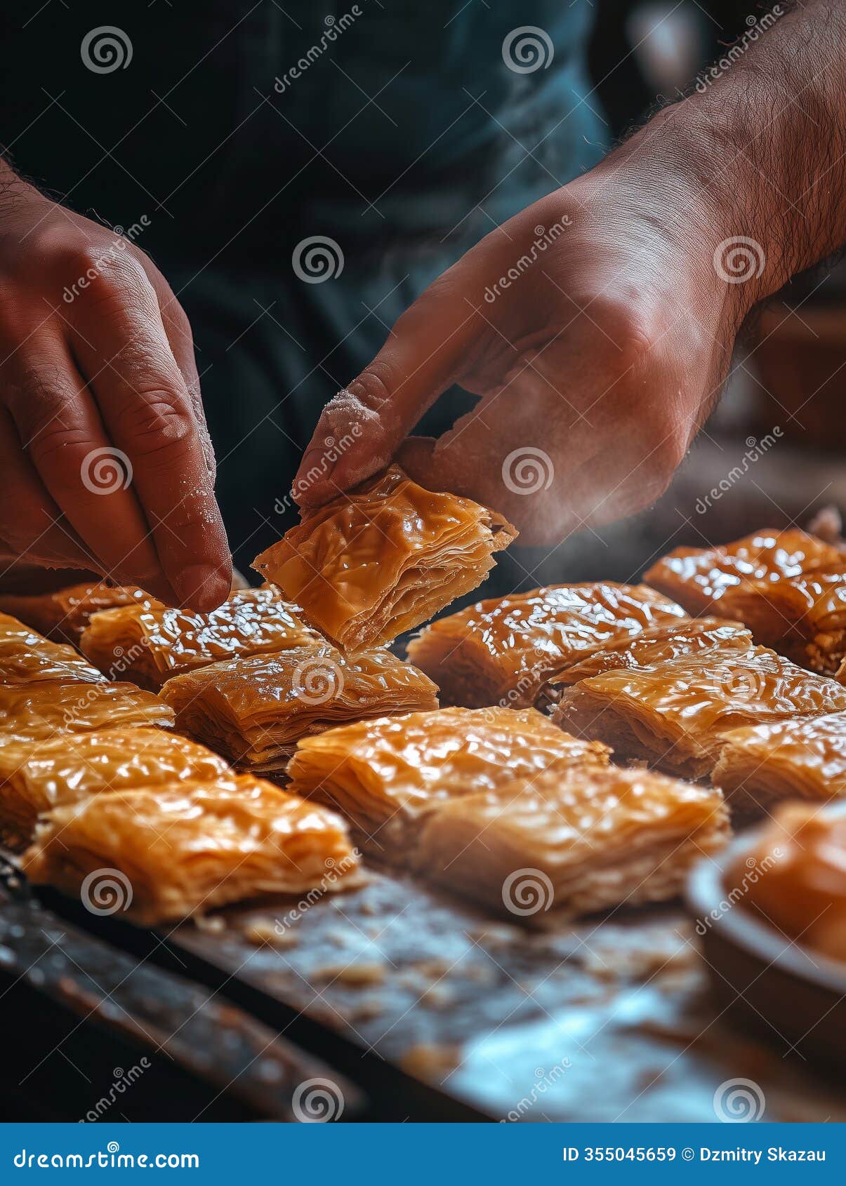 Master Baker Skillfully Layers Traditional Baklava in a Bustling ...