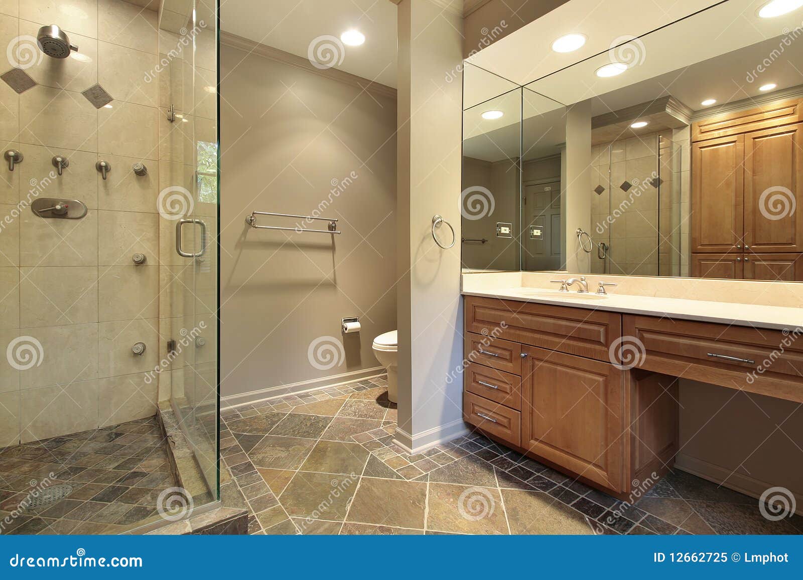 Master Bath with Glass Shower Stock Image - Image of luxury, fixtures ...