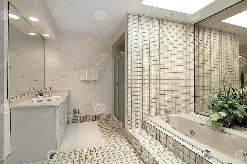 Master Bath with Step Up Tile Tub Stock Photo - Image of real, family ...