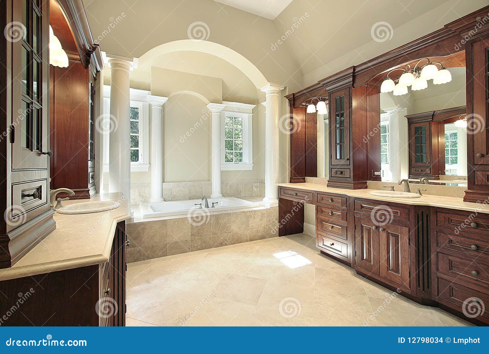 Master Bath with White Tub Columns Stock Photo - Image of residential ...