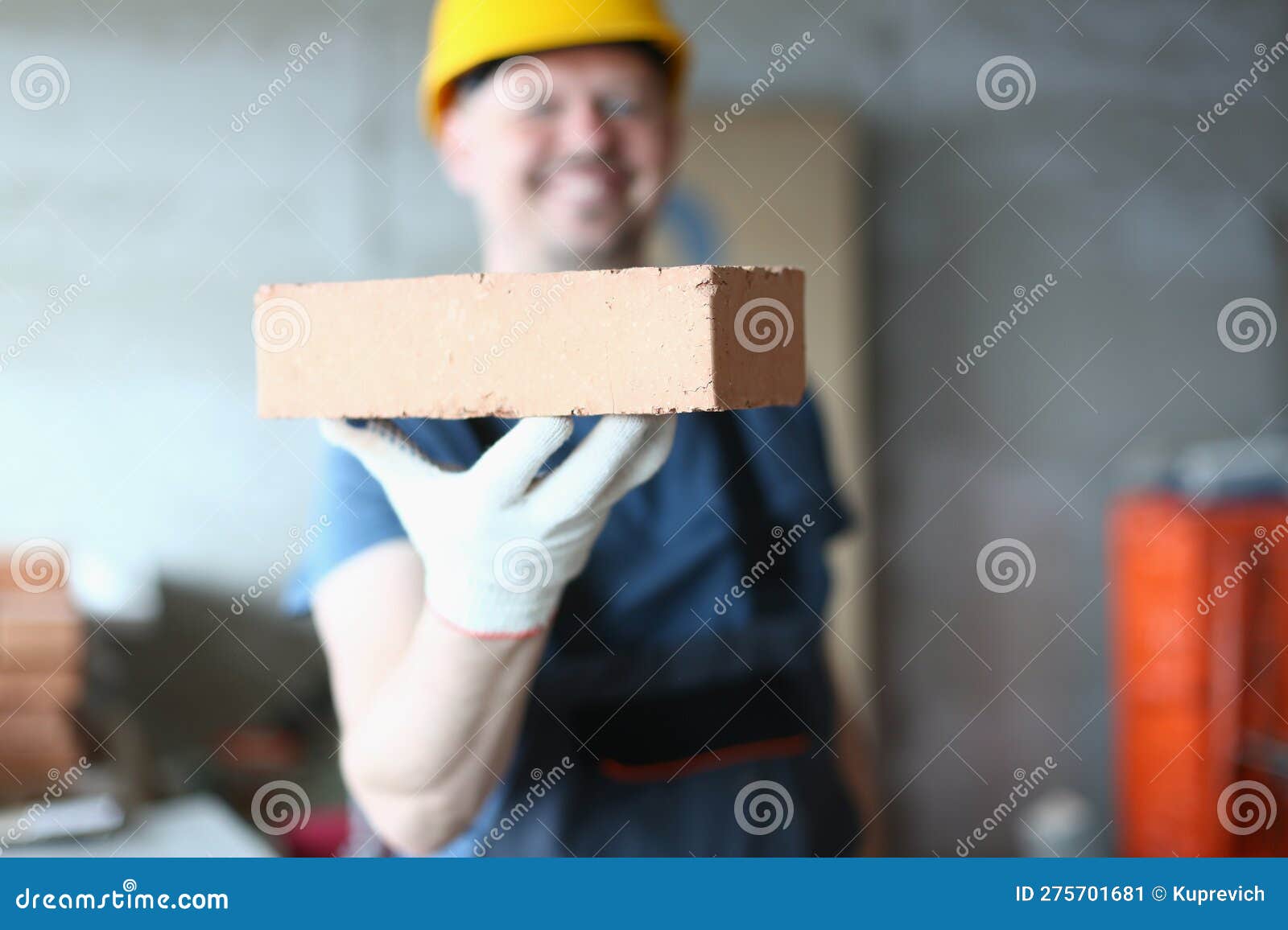 Master Builder Man Holding Red Brick at Construction Site Stock Image - Image of overalls ...