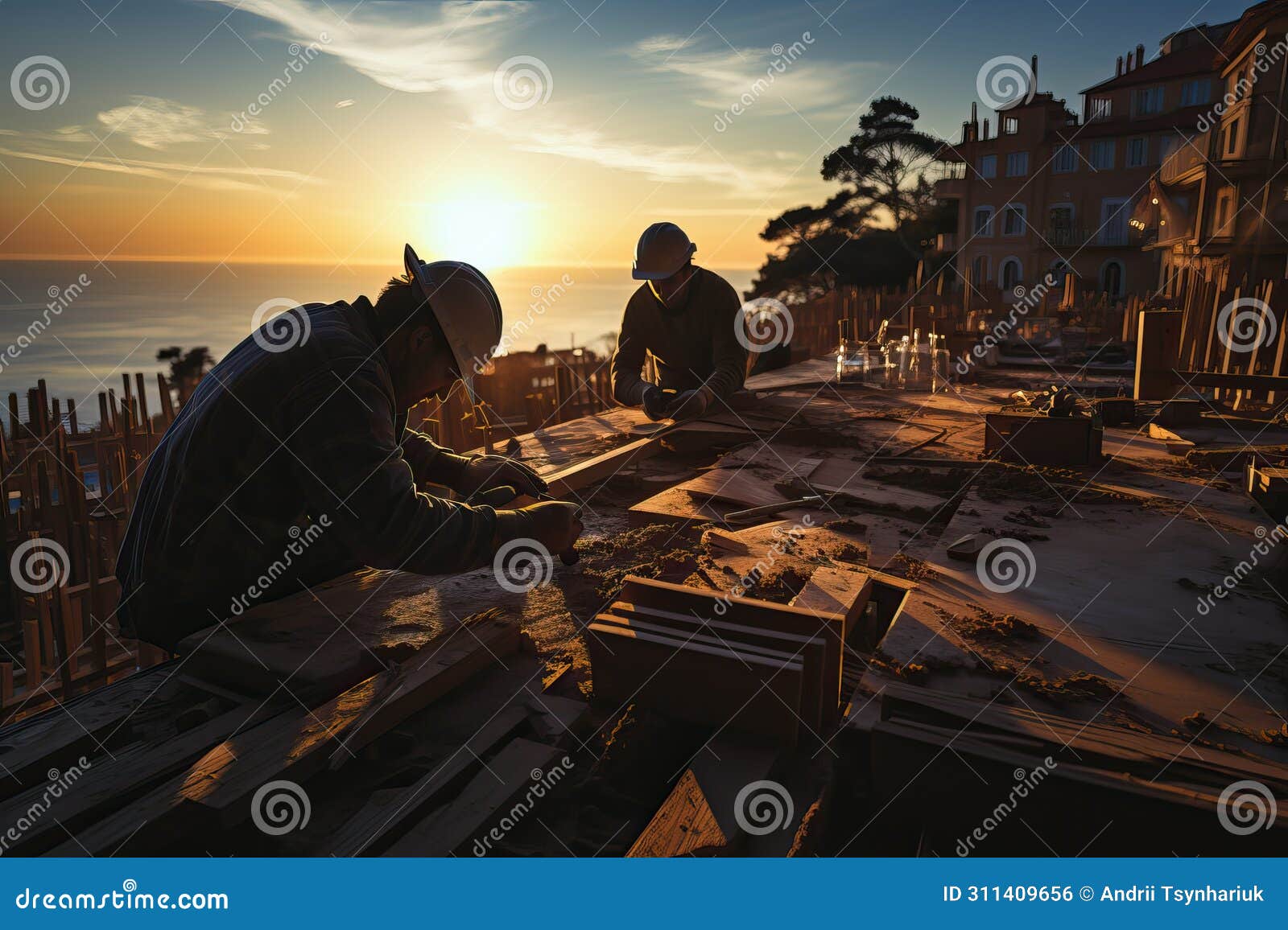Master Carpenters Perform Woodwork on a Construction Site. Stock Photo ...