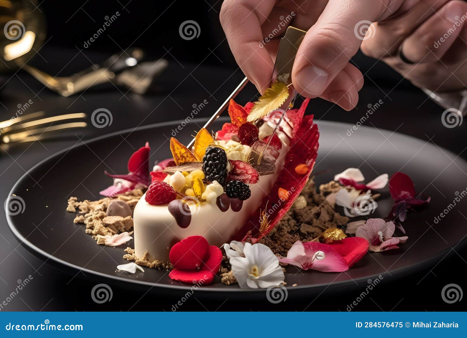 A Master Chef Creatively Plating a Visually Stunning Dessert, Using ...