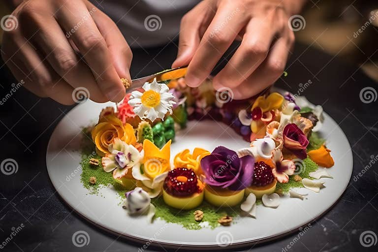 A Master Chef Creatively Plating a Visually Stunning Dessert, Using ...