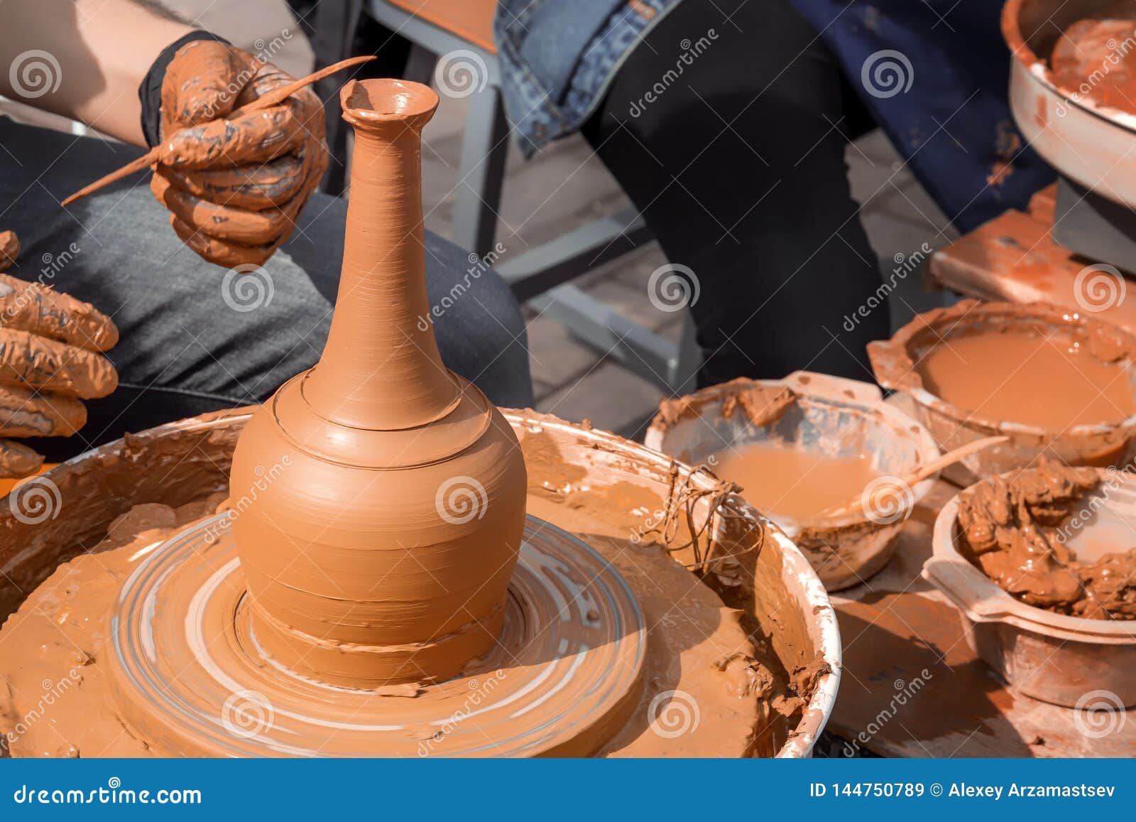 Master-class on Clay Modeling on a Potter`s Wheel in a Workshop Stock ...