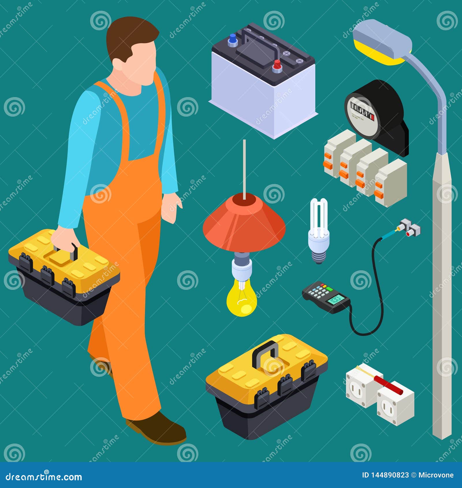 Master Electrician and Tools Isometric Vector Set Stock Vector ...