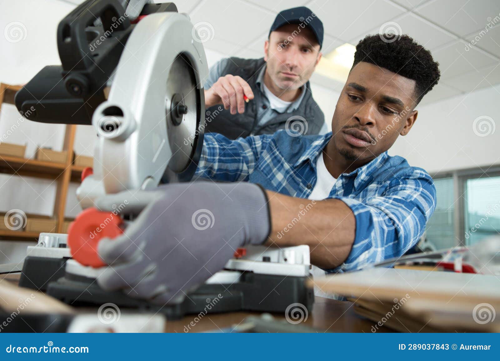 Master Explains Work on Miter Saw in Carpentry Stock Image - Image of ...