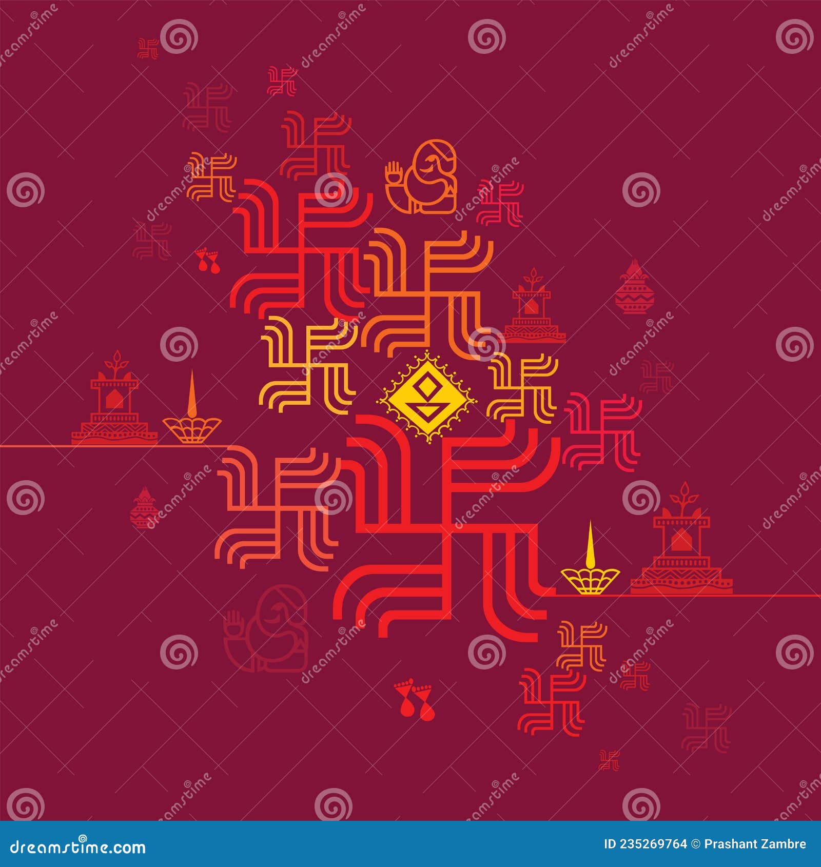 Indian Traditional Diwali Deepavali Theme Pattern. Diya and Swastik ...