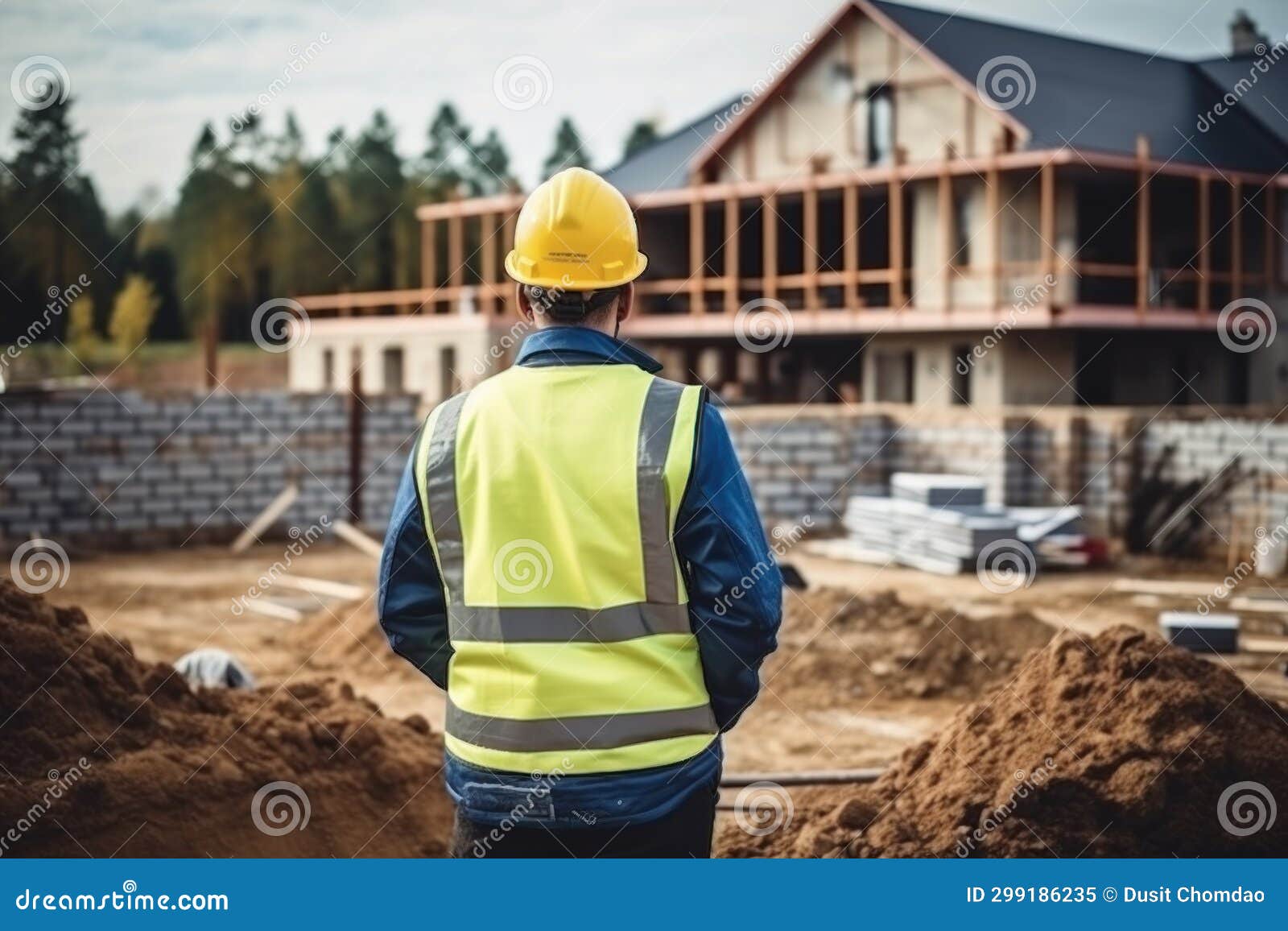 Master Foreman in Uniform and Helmet Watches, Controls the Construction ...