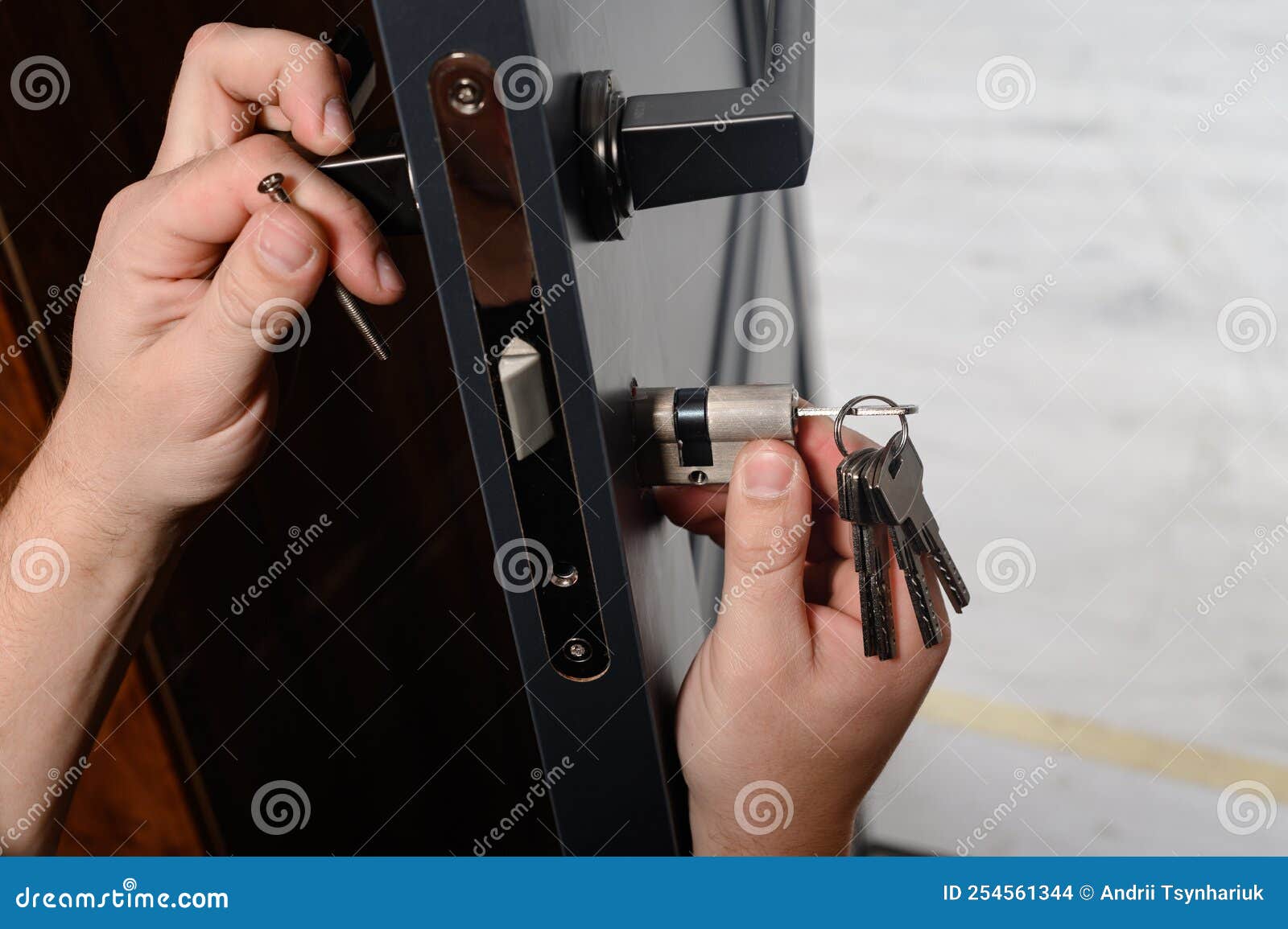 The Master Installs the Core for the Door Lock, Installation Work with ...