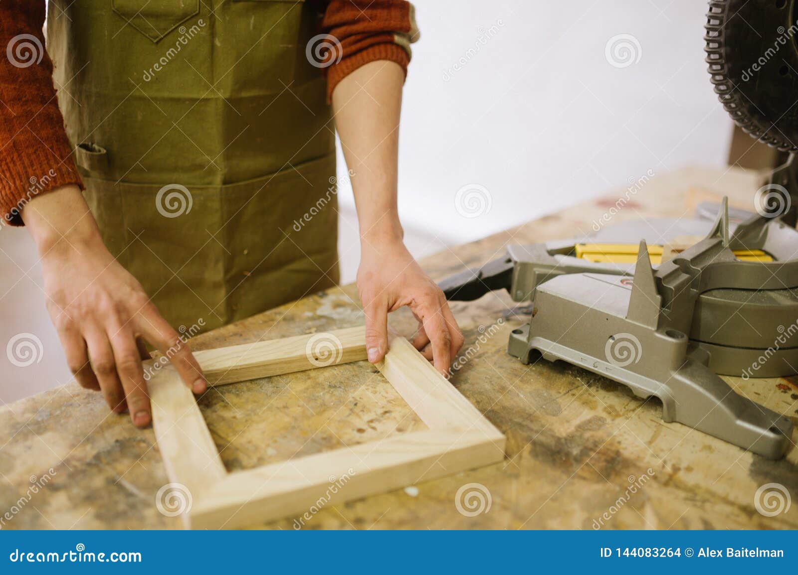 Master made a wooden frame stock photo. Image of planning - 144083264
