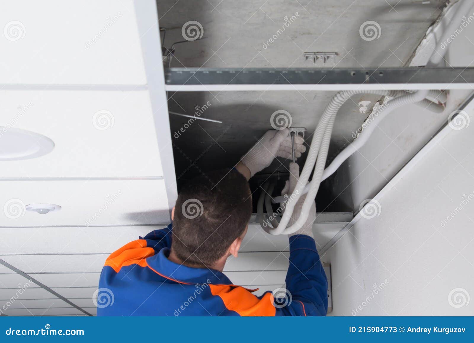The Master Opened the Suspended Ceiling and Installs the Hidden Wiring ...