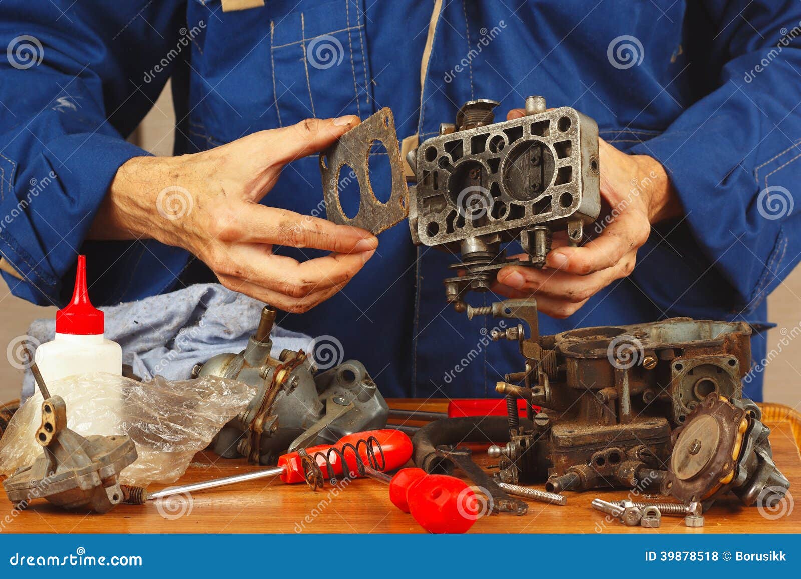 Master Repairing Parts of Automotive Engine in Workshop Stock Photo ...