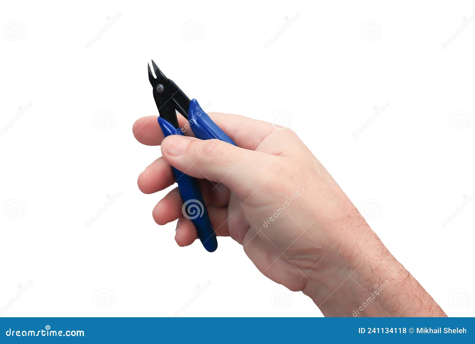 Master`s Hand with Close-up Side Pliers. Wire Cutters with Blue Plastic ...
