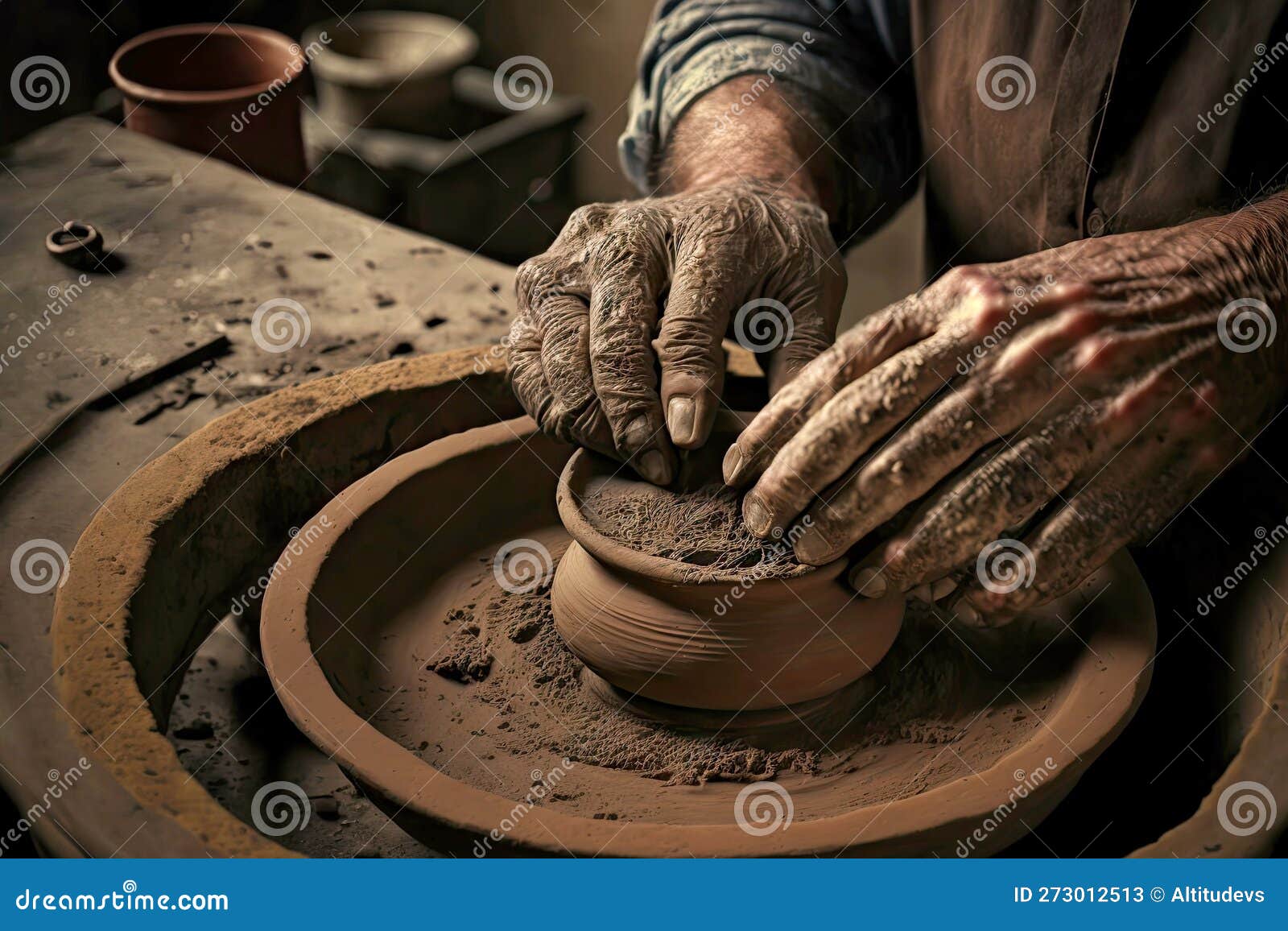 Master S Hands Stained in Clay Process Pot during Making Clay Products ...