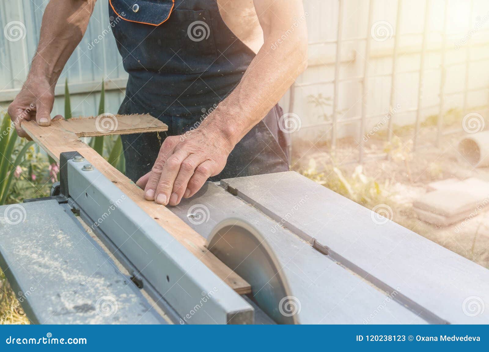 The Master Sharpens the Wooden Panel with an Electric Sander on a Sunny ...
