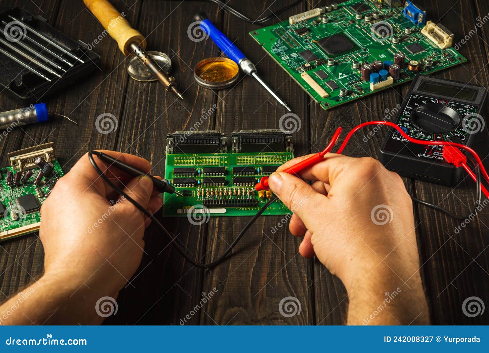 The Master Tester Checks the Electronic Board in the Workshop. Computer ...