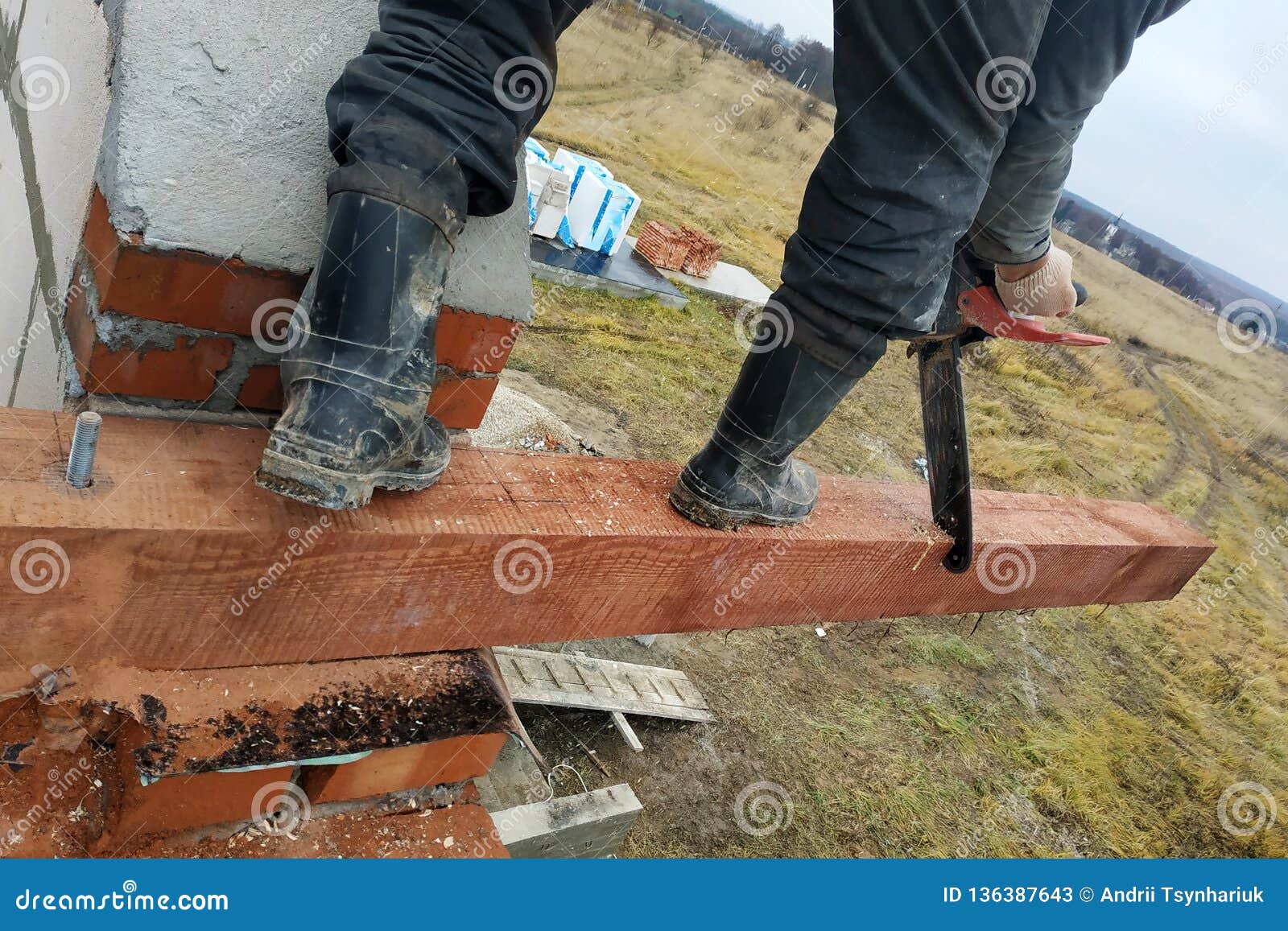 The Master Uses a Saw To Handle and Cut Timber Beam Stock Image - Image ...