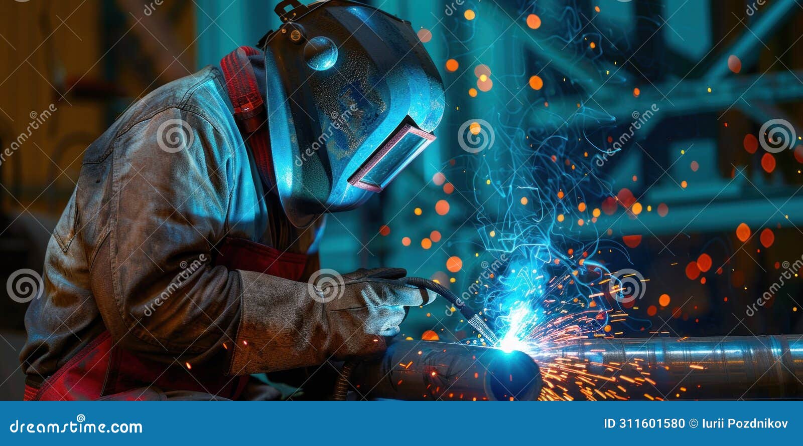 Professional Welder with Pipe on Blue Light Background Stock Photo ...