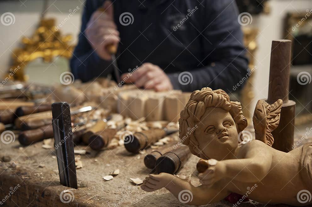 Master Woodcarver at Work. Wood Shavings, Gouges and Chisels on the ...