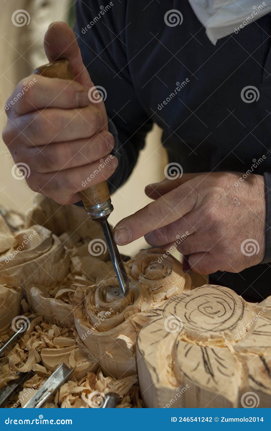 Master Woodcarver at Work. Wood Shavings, Gouges and Chisels on the ...