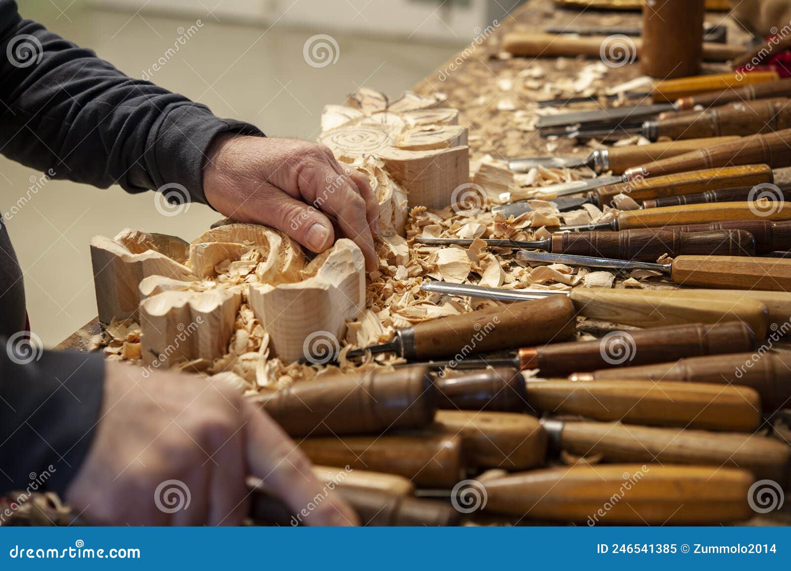 Master Woodcarver at Work. Wood Shavings, Gouges and Chisels on the ...
