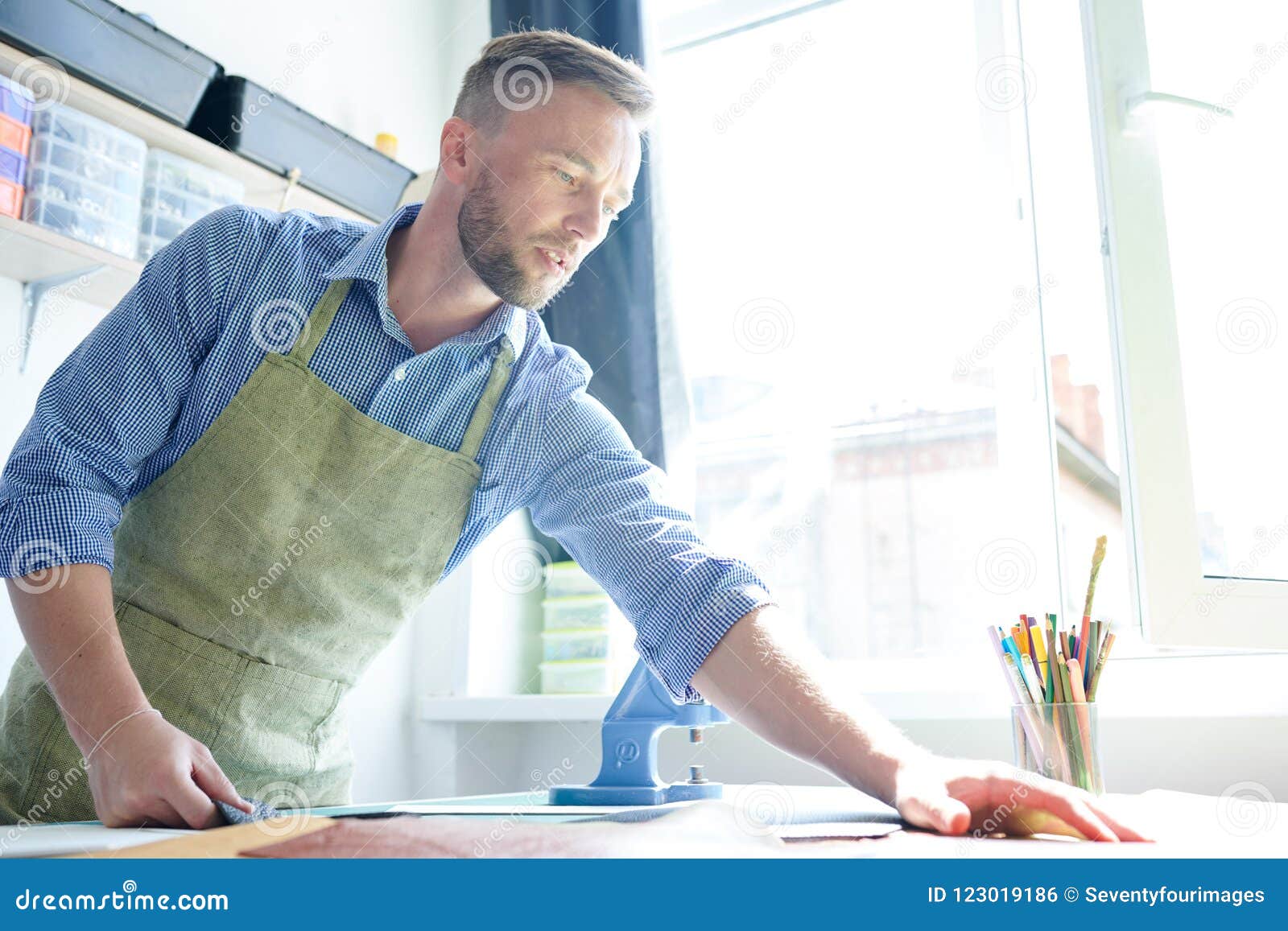 Master Working with Leather Stock Photo - Image of workplace, tanner ...