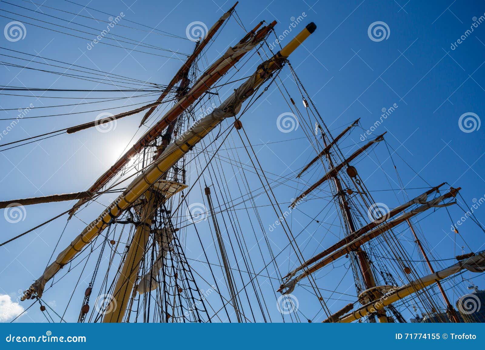 Masting Of Big Wooden Sailing Ship, Detailed Rigging Without Sails ...
