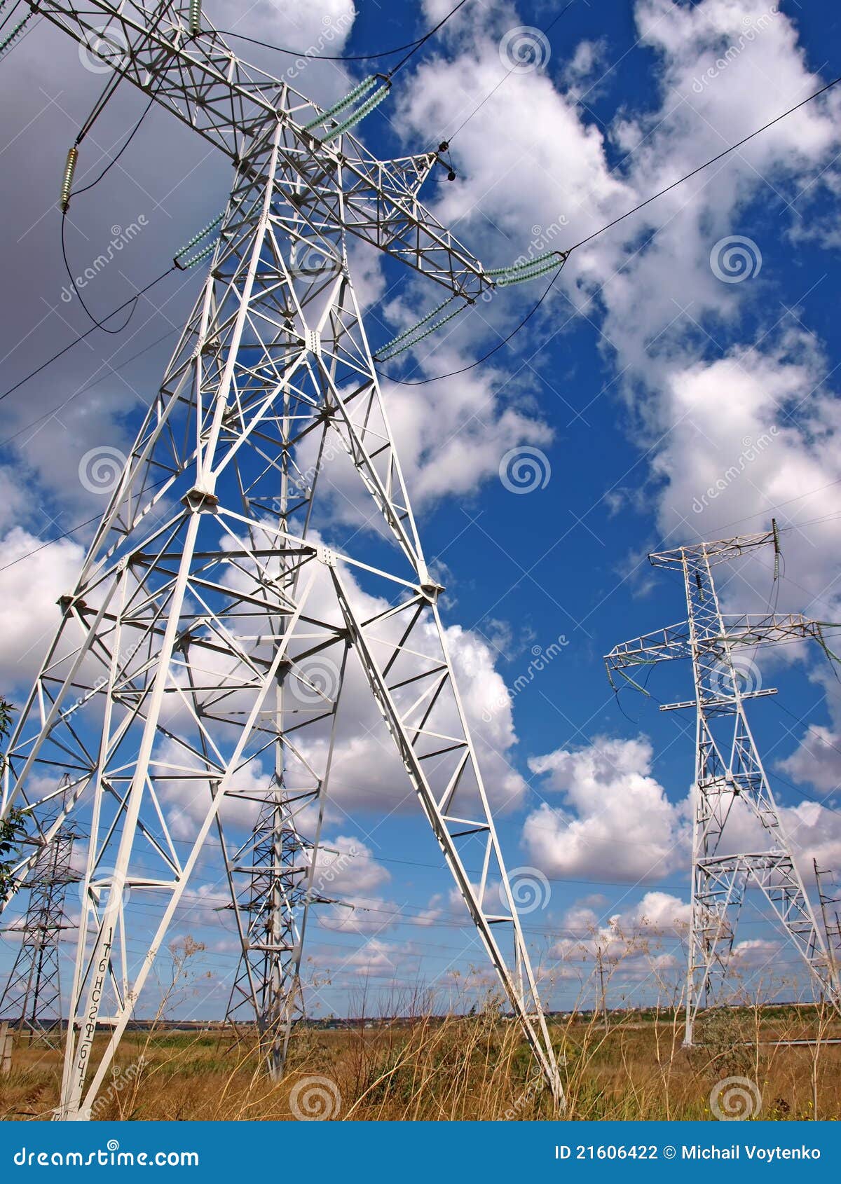 Masts of Electric Mains and Cloudy Sky Stock Photo - Image of electric ...