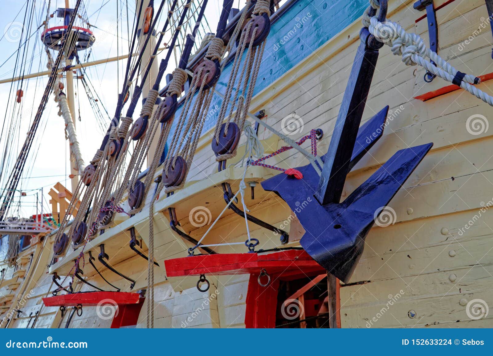 Masts and Rigging of an Old Wooden Sailboat. Details Deck of the Ship ...