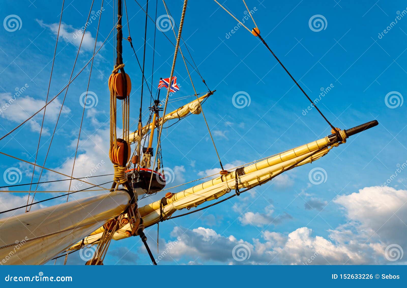 Masts and Rigging of an Old Wooden Sailboat. Details Deck of the Ship ...
