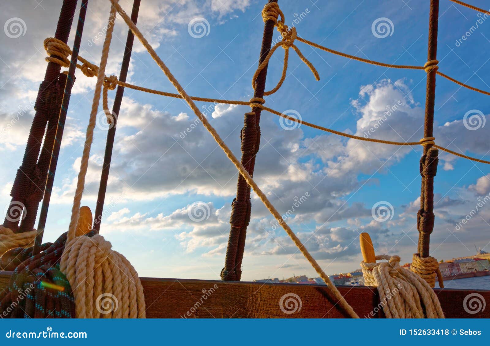 Masts and Rigging of an Old Wooden Sailboat. Details Deck of the Ship ...