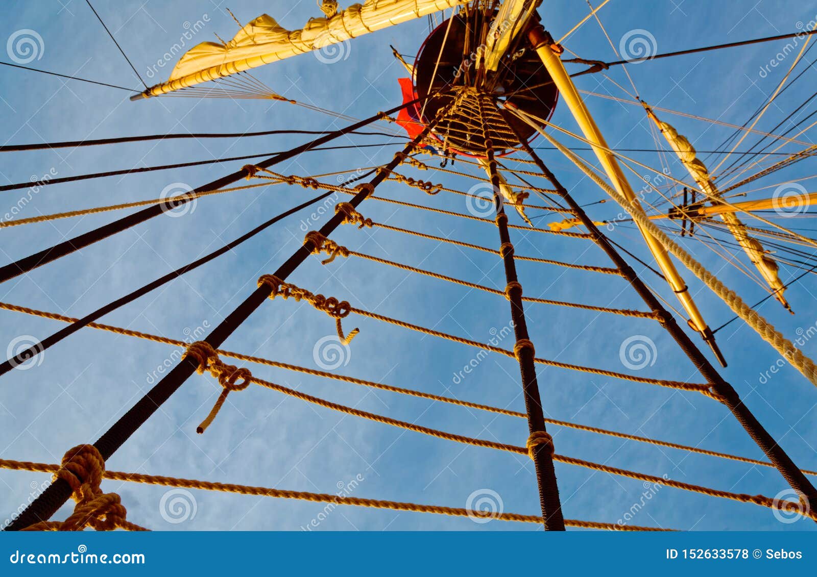 Masts and Rigging of an Old Wooden Sailboat. Details Deck of the Ship ...