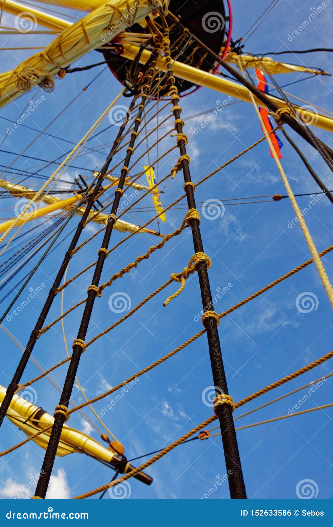 Masts and Rigging of an Old Wooden Sailboat. Details Deck of the Ship ...