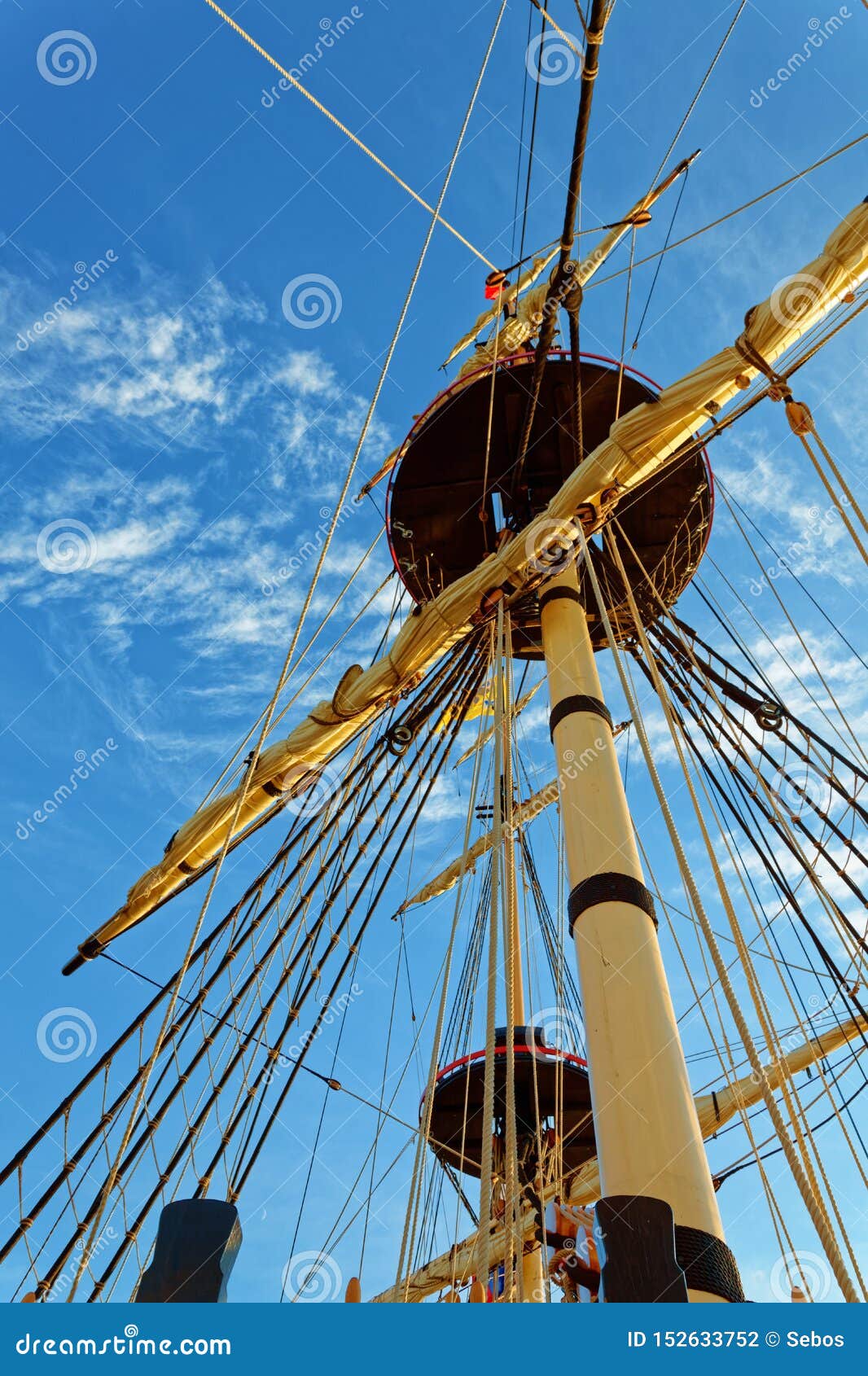 Masts and Rigging of an Old Wooden Sailboat. Details Deck of the Ship ...